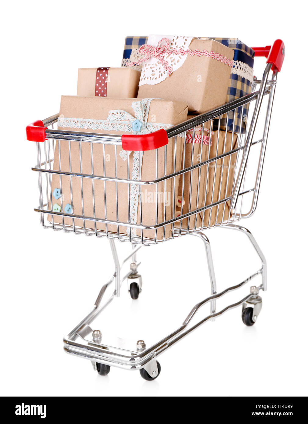 Many present boxes in shopping cart isolated on white Stock Photo - Alamy