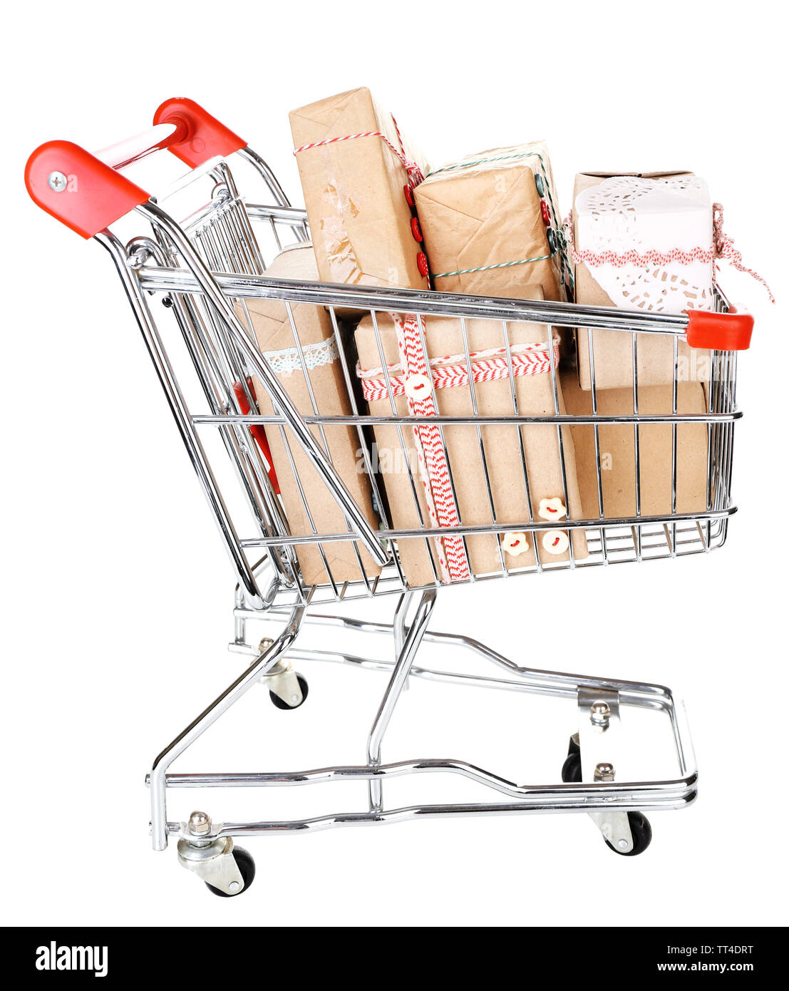 Many present boxes in shopping cart isolated on white Stock Photo - Alamy
