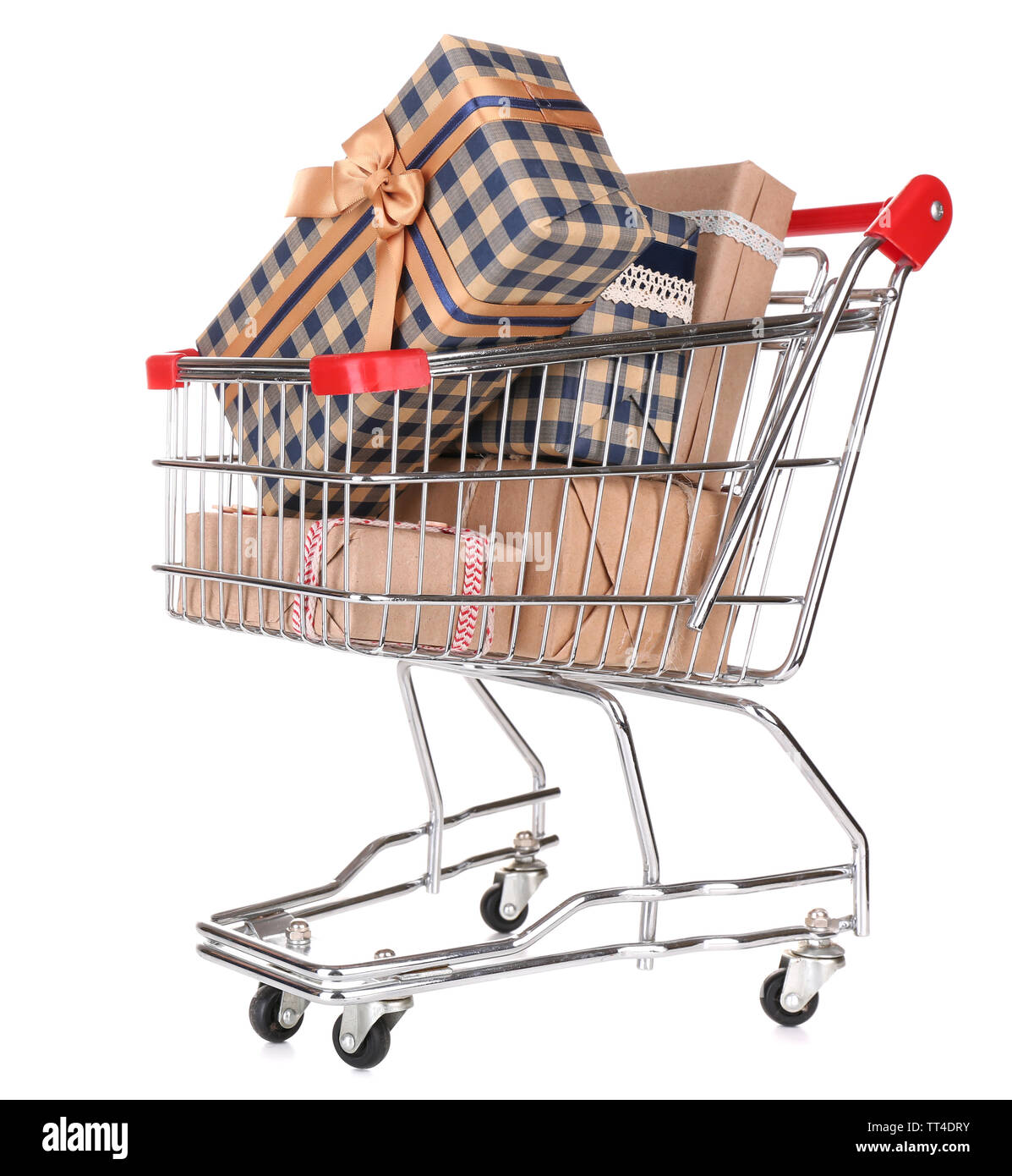 Many present boxes in shopping cart isolated on white Stock Photo - Alamy