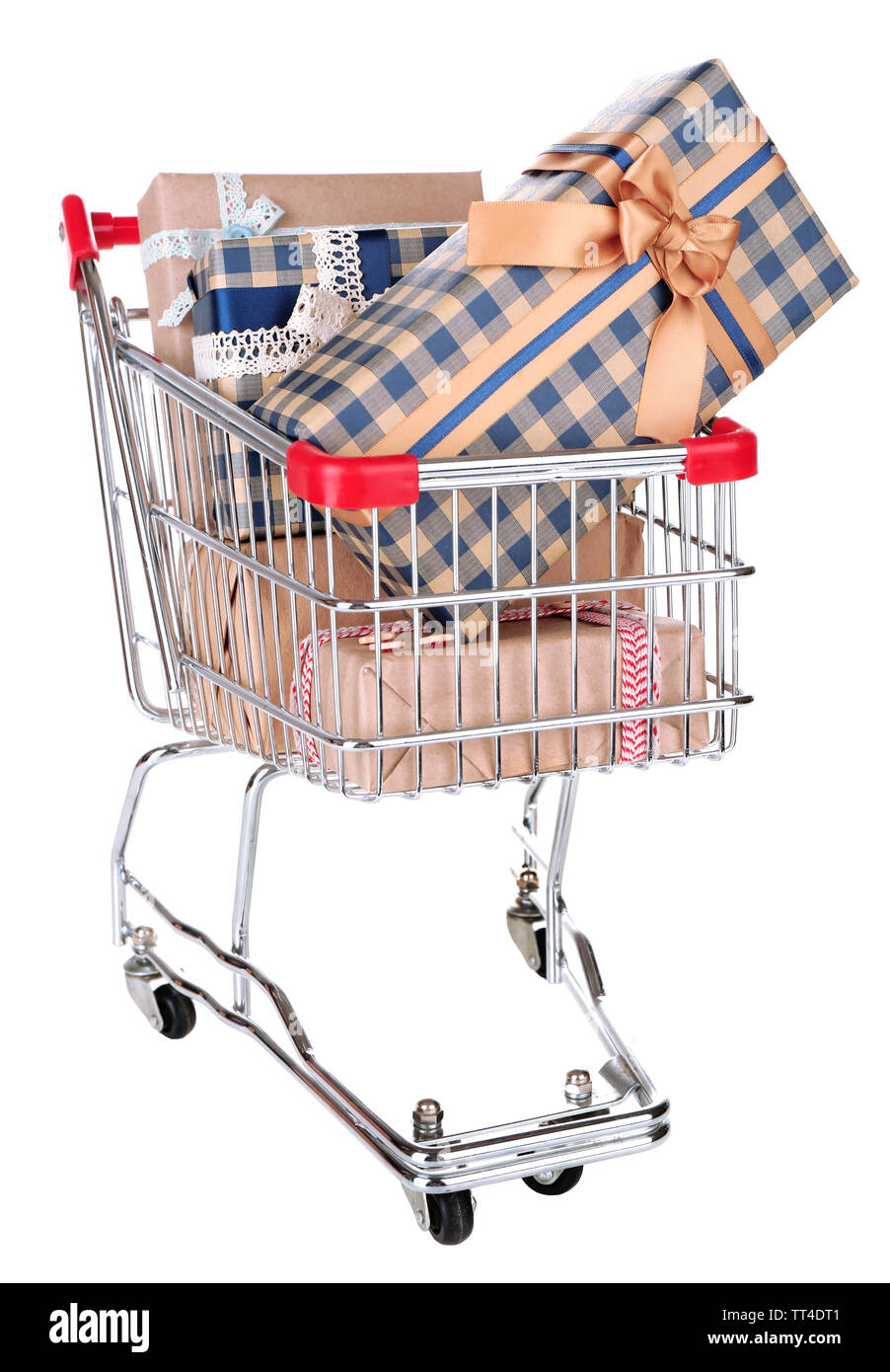 Many present boxes in shopping cart isolated on white Stock Photo - Alamy