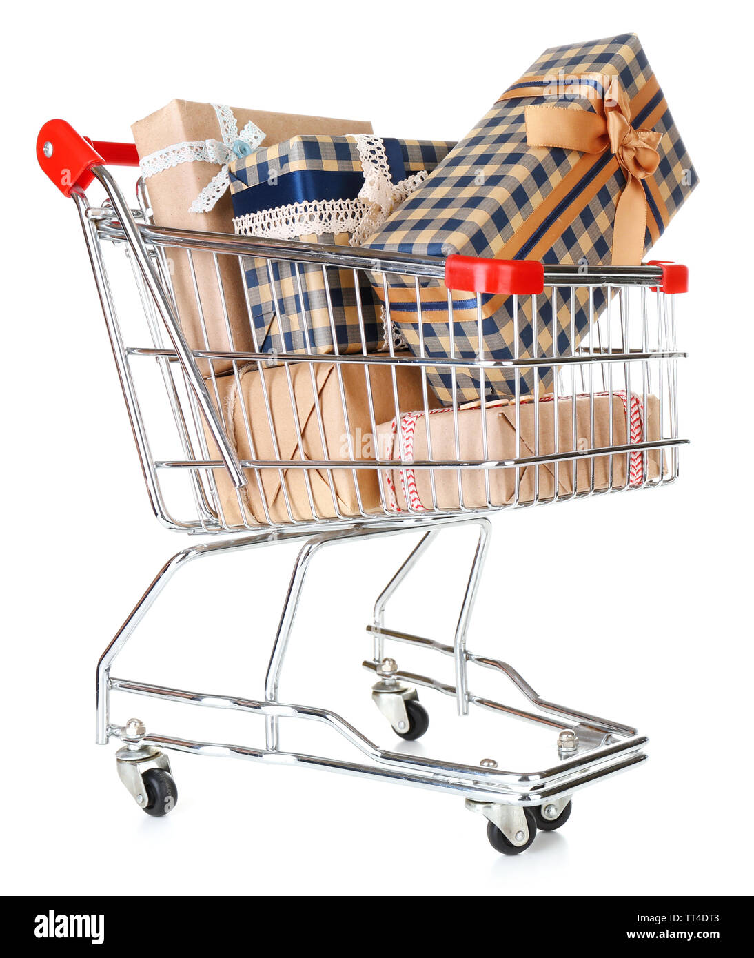 Many present boxes in shopping cart isolated on white Stock Photo - Alamy
