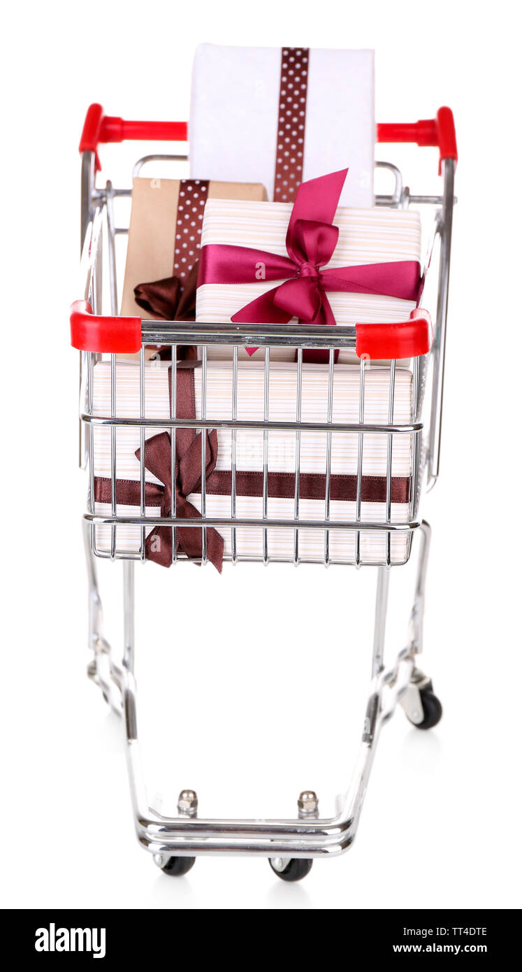 Many present boxes in shopping cart isolated on white Stock Photo - Alamy