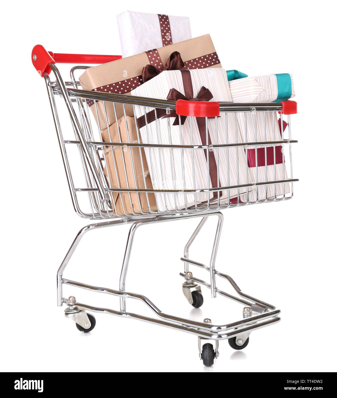 Many present boxes in shopping cart isolated on white Stock Photo - Alamy