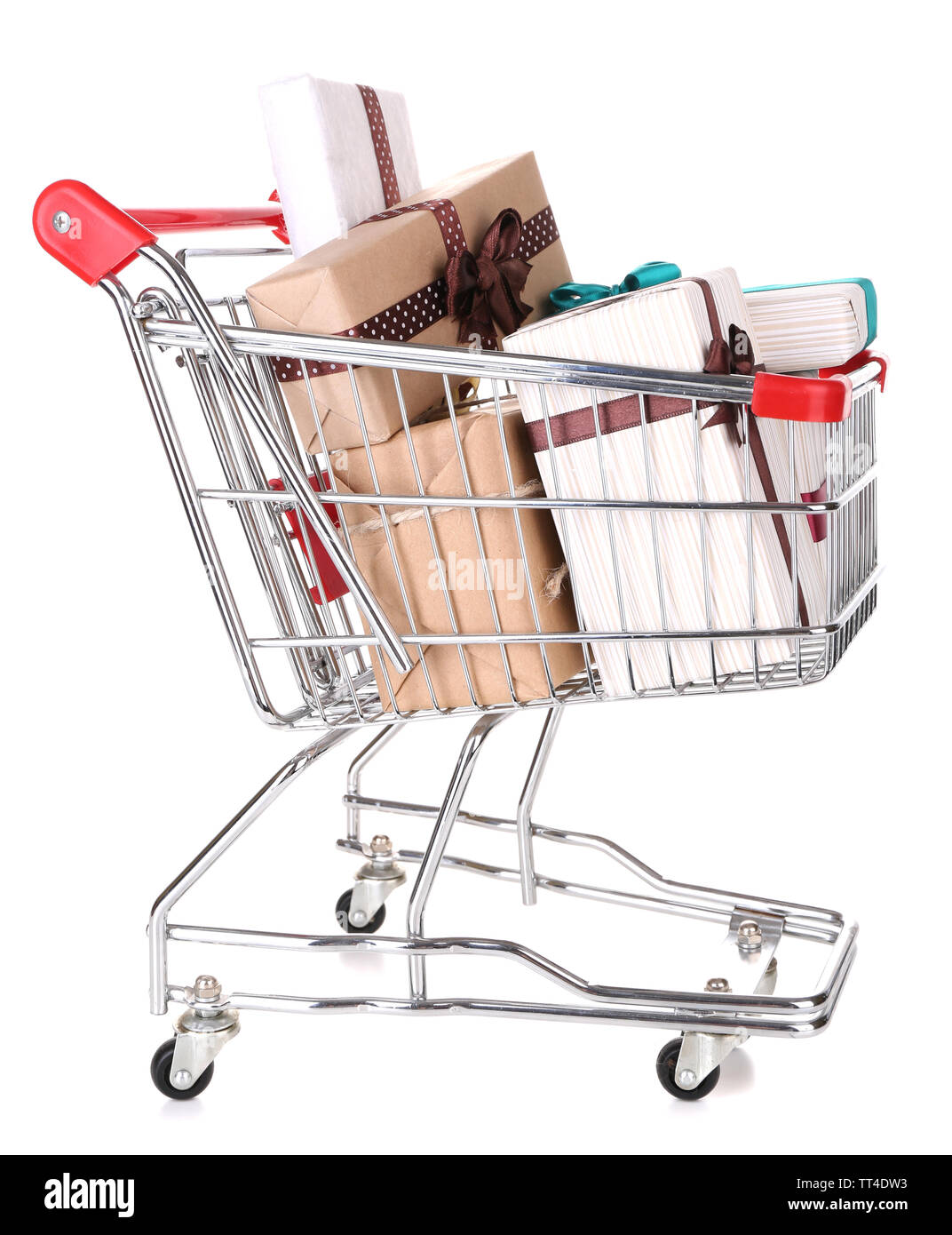 Many present boxes in shopping cart isolated on white Stock Photo - Alamy