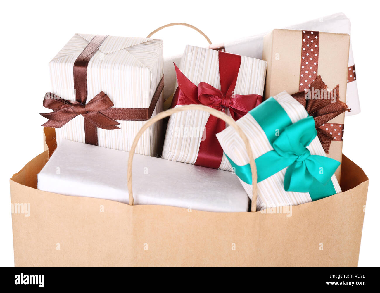 Present boxes in paper bag isolated on white Stock Photo - Alamy