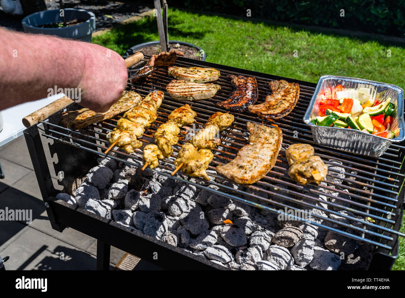 Different types of meat fried on the home grill, standing on a home ...