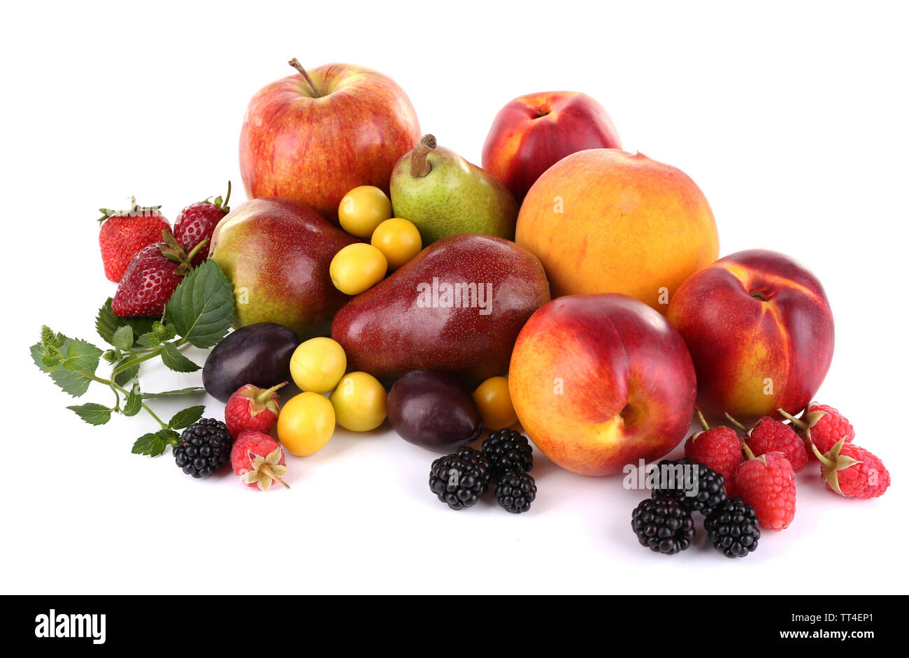 Different berries and fruits isolated on white Stock Photo - Alamy