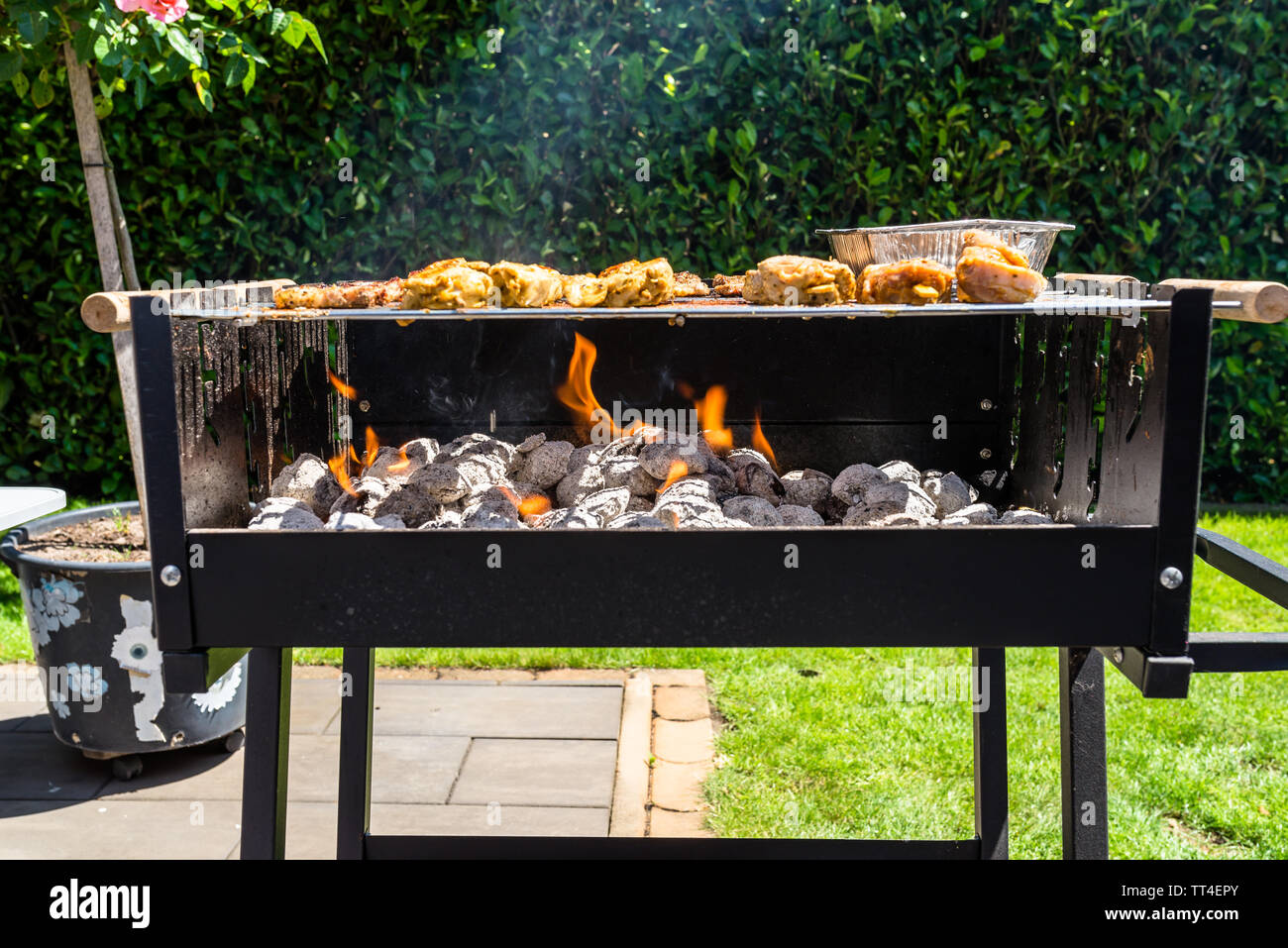Different types of meat fried on the home grill, standing on a home ...