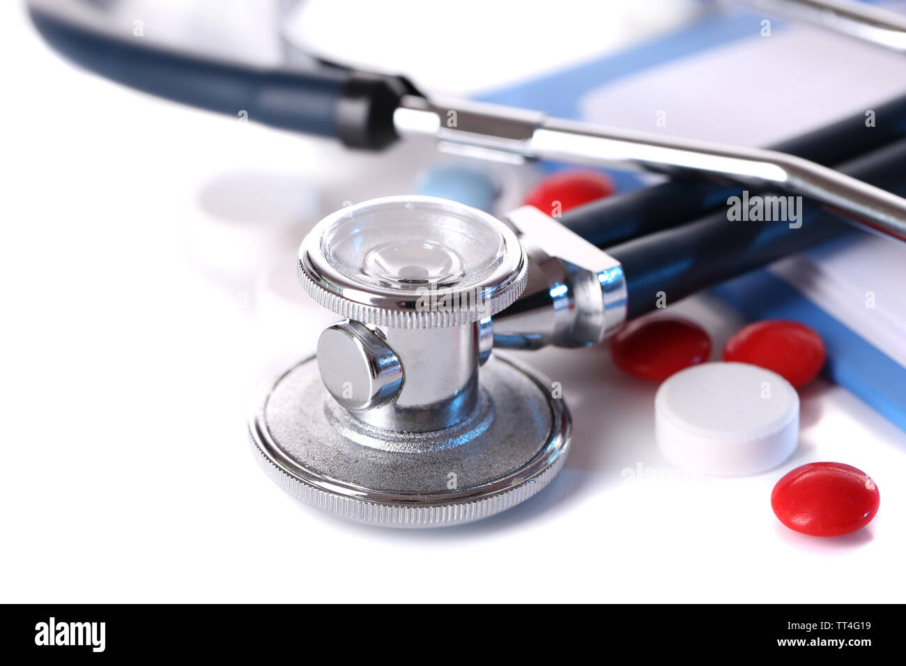 Stethoscope, pills, tablet isolated on white. medicine concept Stock ...