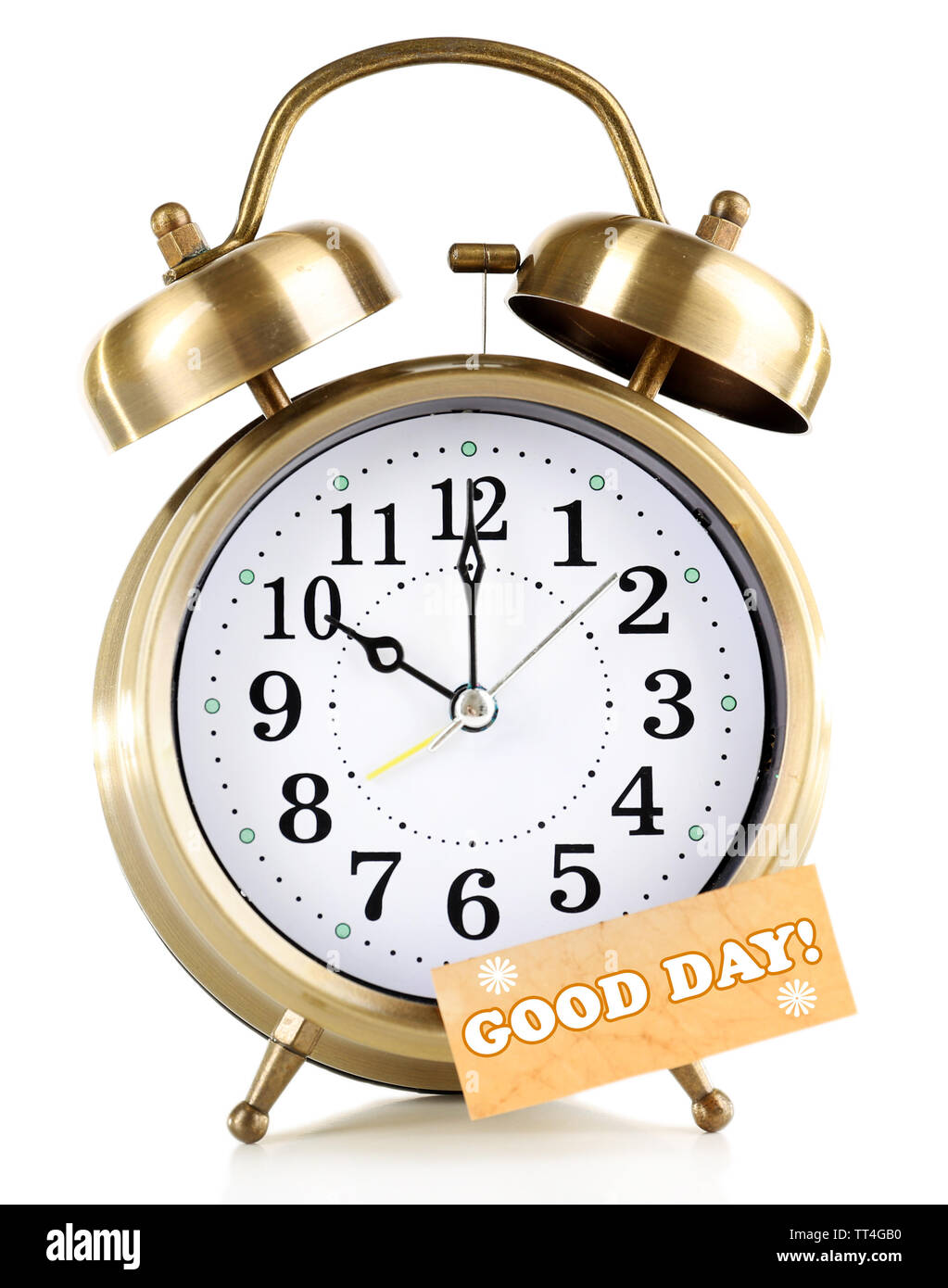 Alarm clock with sticker isolated on white Stock Photo - Alamy