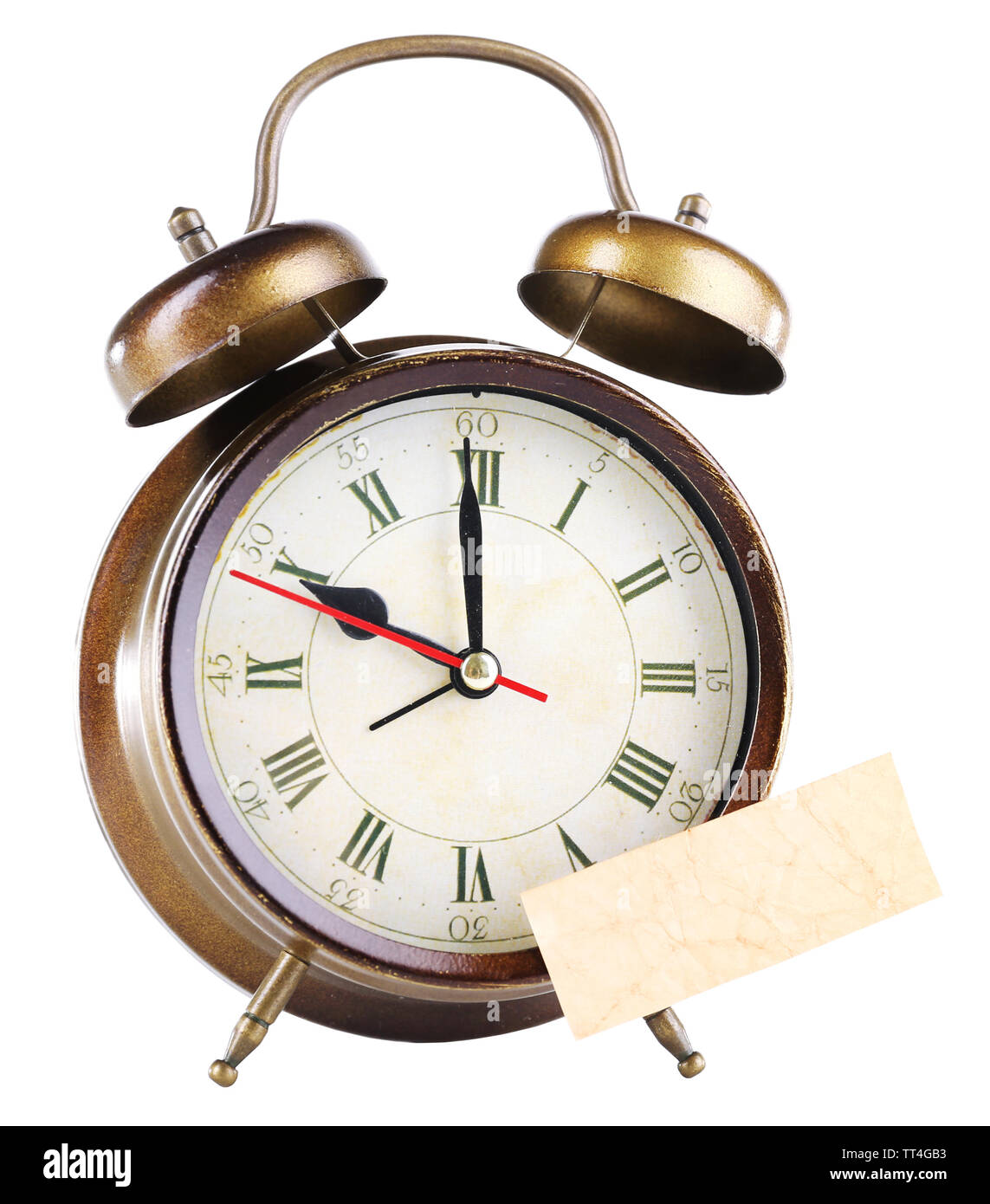 Alarm clock with sticker isolated on white Stock Photo - Alamy