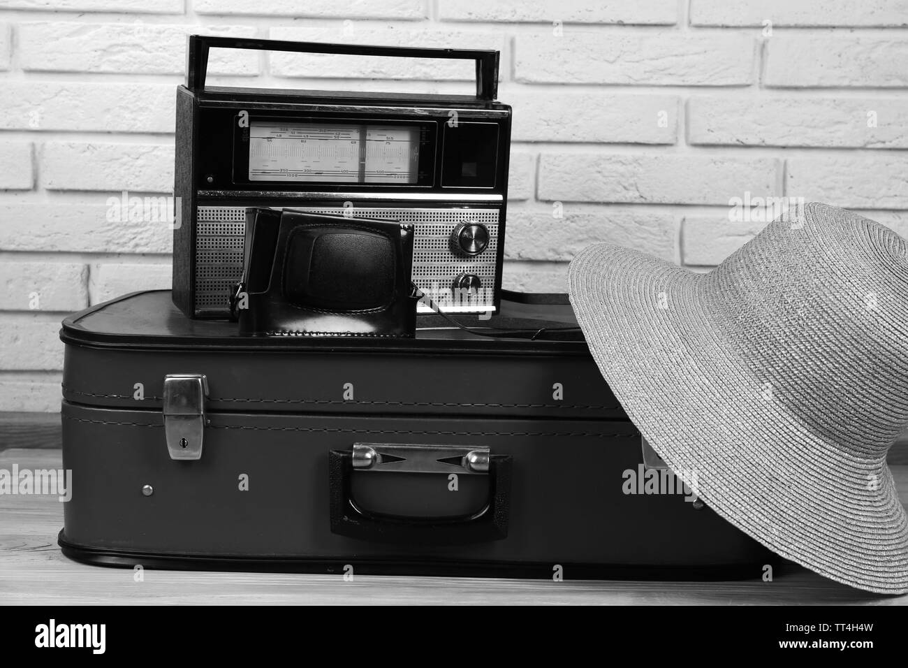 Old antique radio in leather Black and White Stock Photos & Images - Alamy