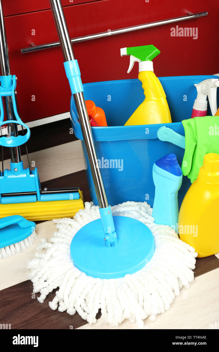 Different tools for cleaning in kitchen Stock Photo - Alamy