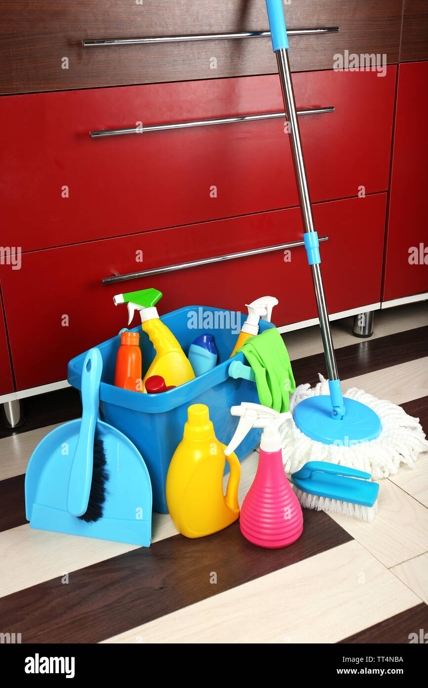 Different tools for cleaning in kitchen Stock Photo - Alamy