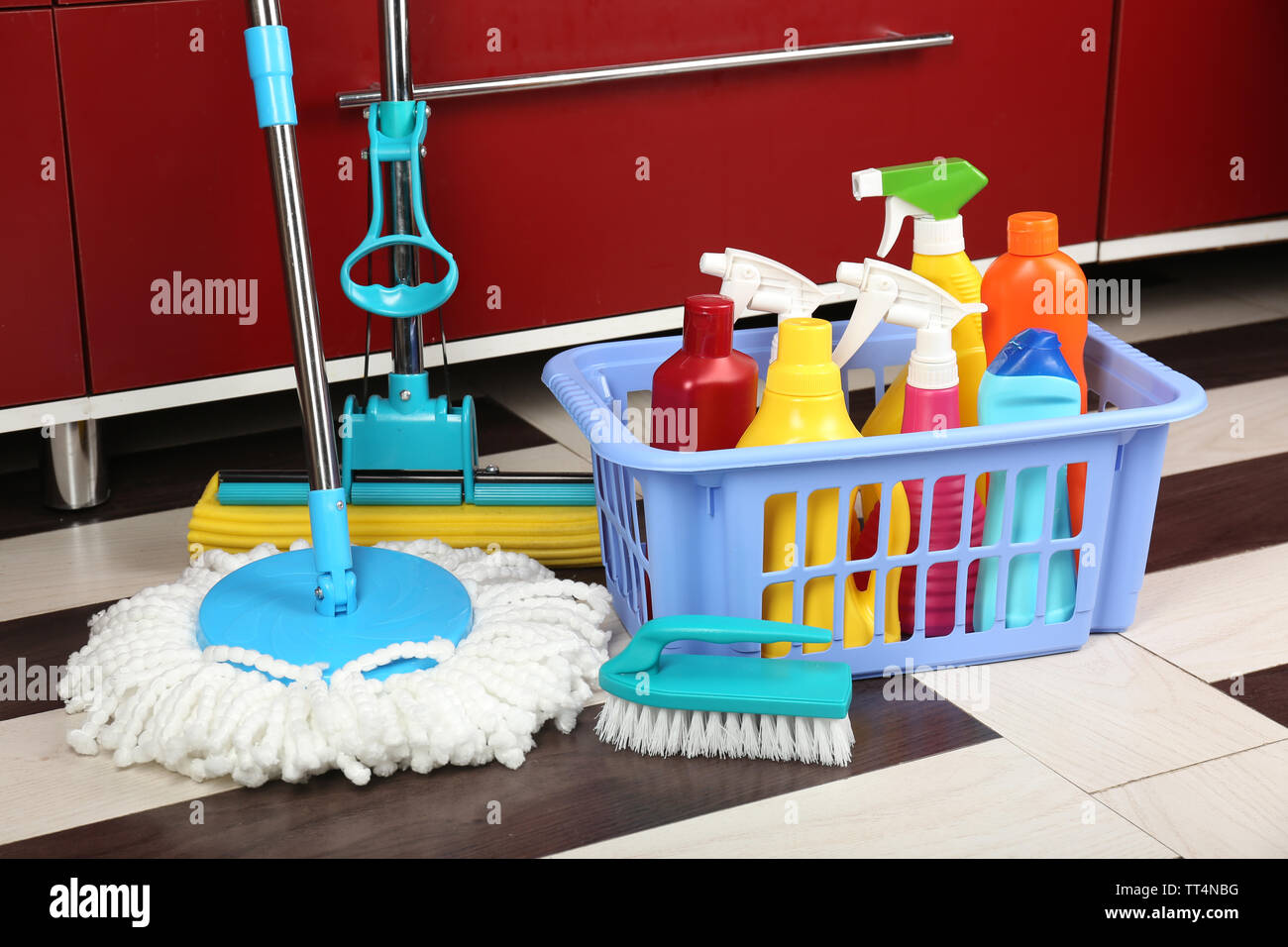 Different tools for cleaning in kitchen Stock Photo - Alamy