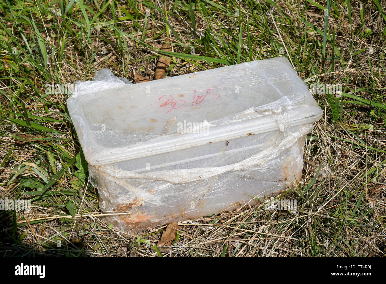 Pollution, plastic food package abandoned on a roadside verge, France ...