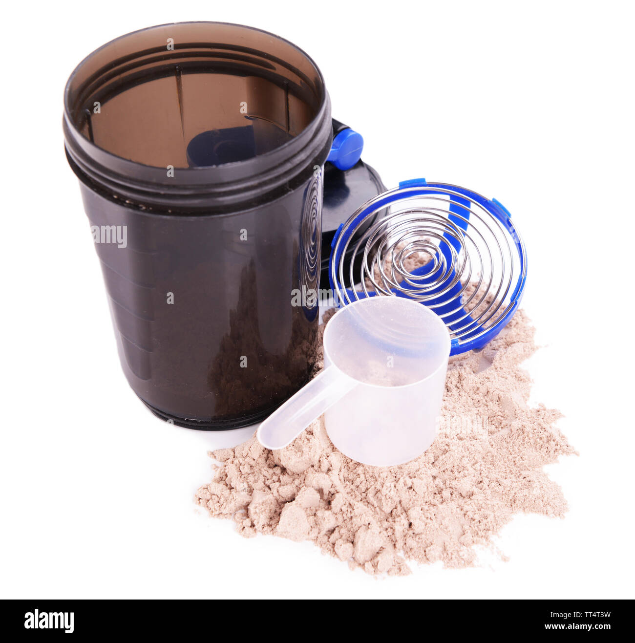Whey protein powder with scoop and plastic shaker isolated on white ...