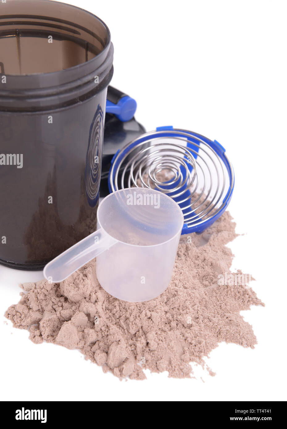 Whey protein powder with scoop and plastic shaker isolated on white ...