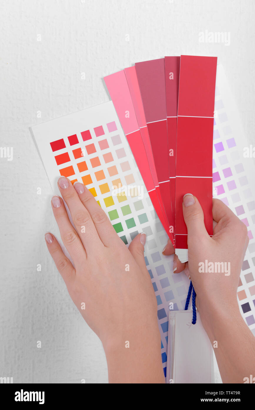 Woman choosing color for wall from swatches in room Stock Photo - Alamy