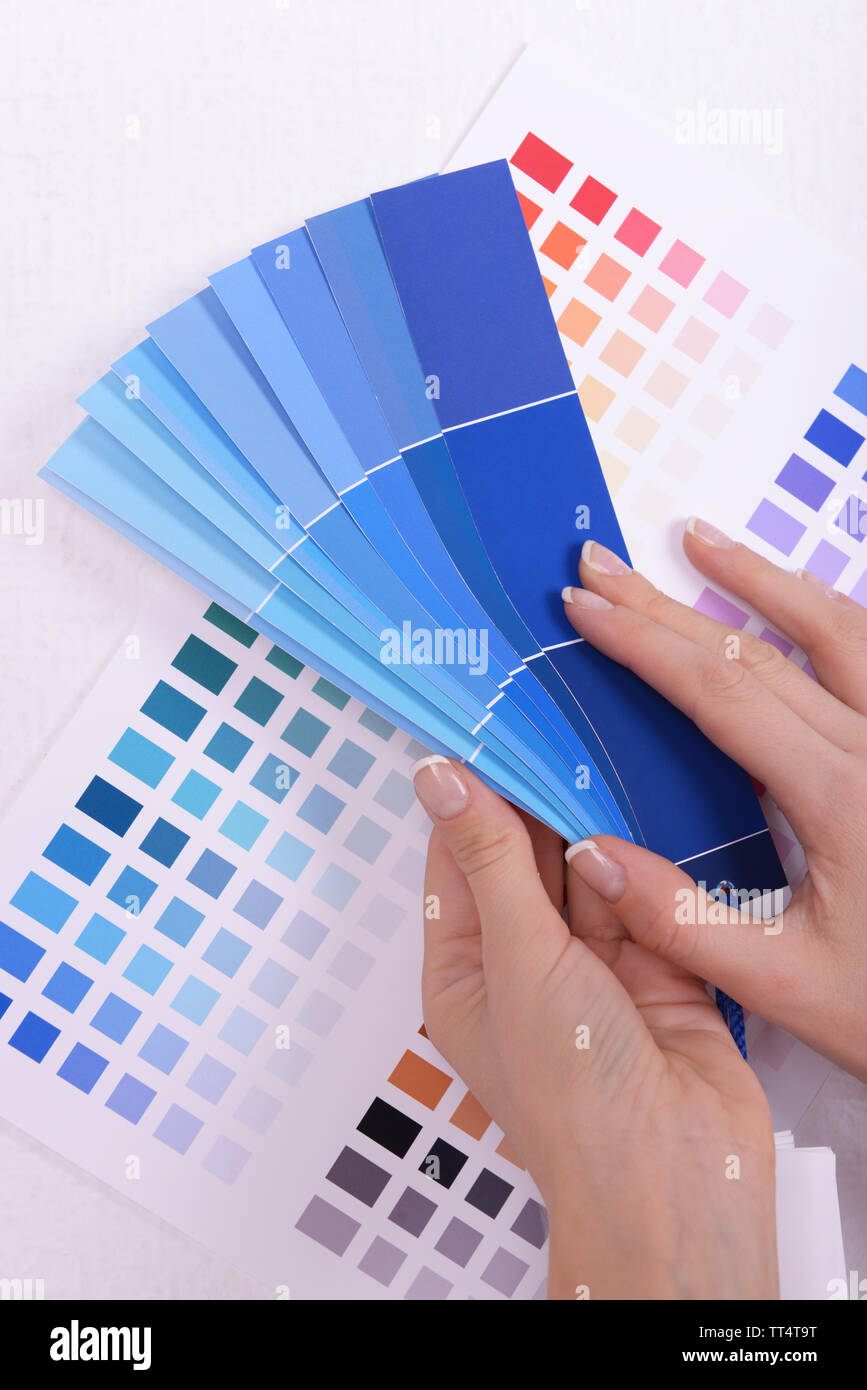 Woman choosing color for wall from swatches in room Stock Photo - Alamy