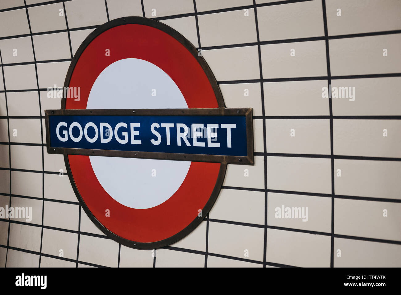 London, UK - June 5, 2019: Station name sign on the platform of Goodge ...