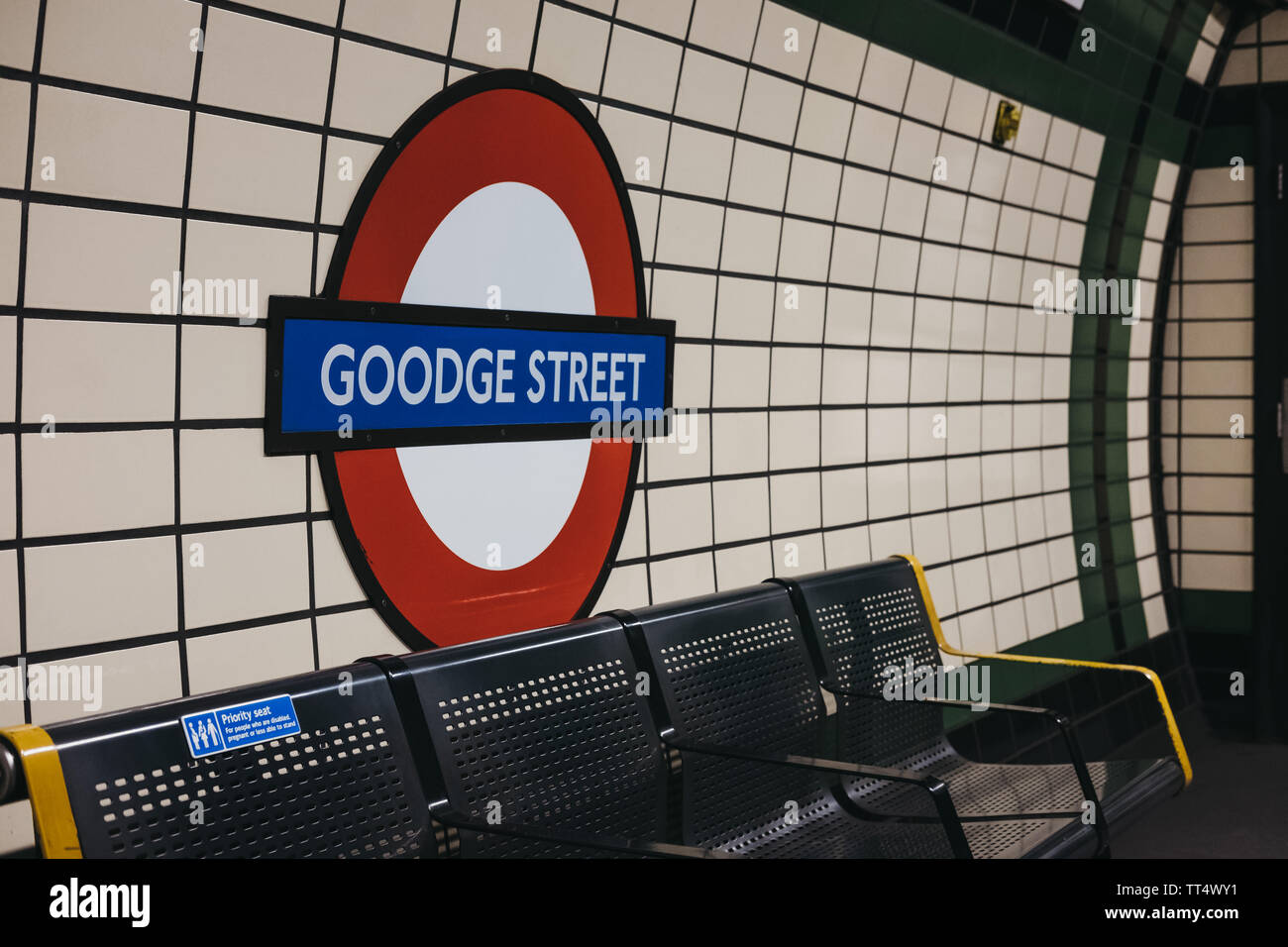 London, UK - June 5, 2019: Station name sign on the platform of Goodge ...