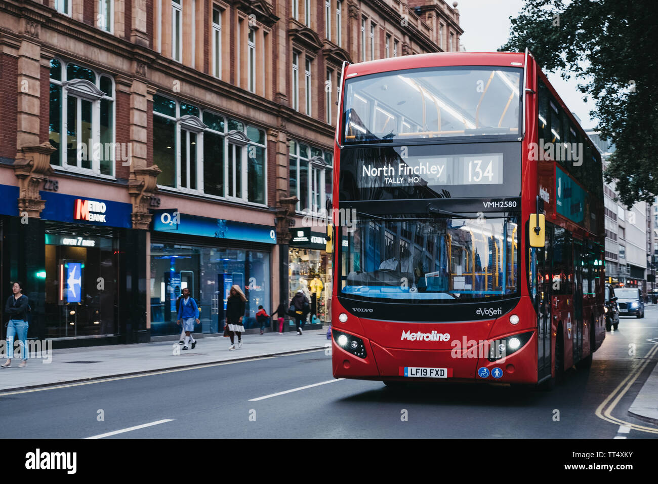 London, UK - June 5, 2019: Red double decker bus 134 towards North ...