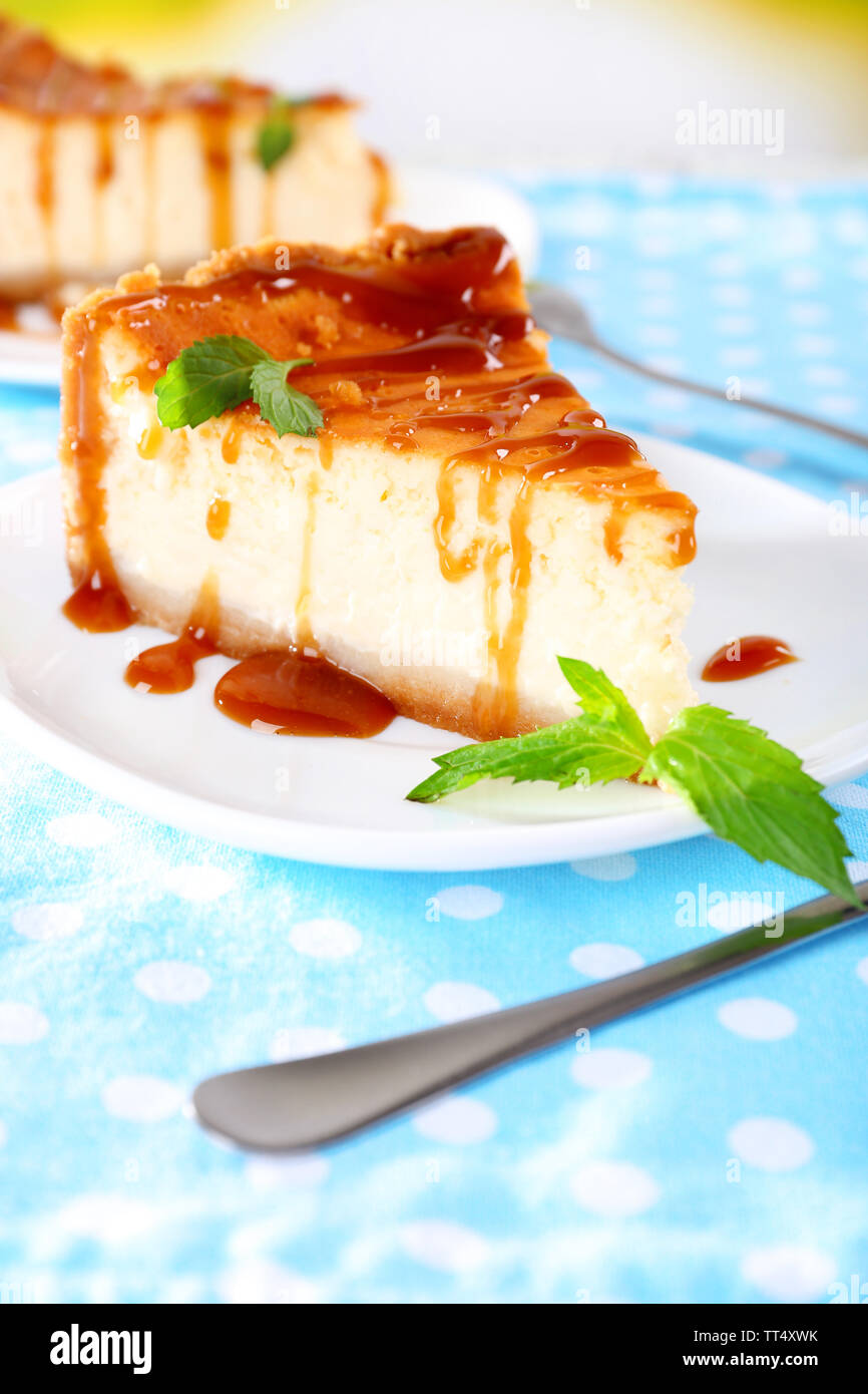 Cheese cake in plate on tablecloth on nature background Stock Photo - Alamy