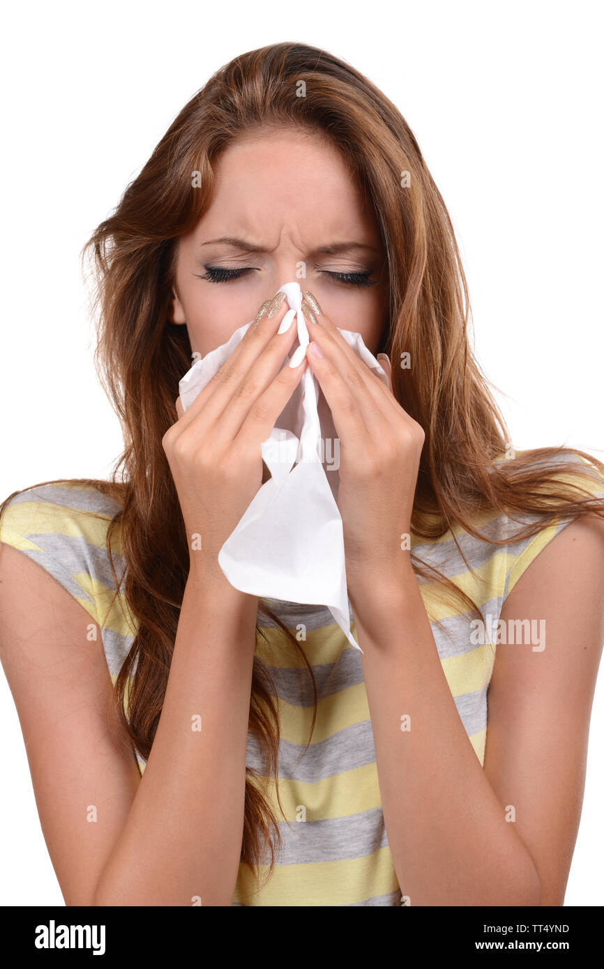 Young girl with allergy isolated on white Stock Photo - Alamy