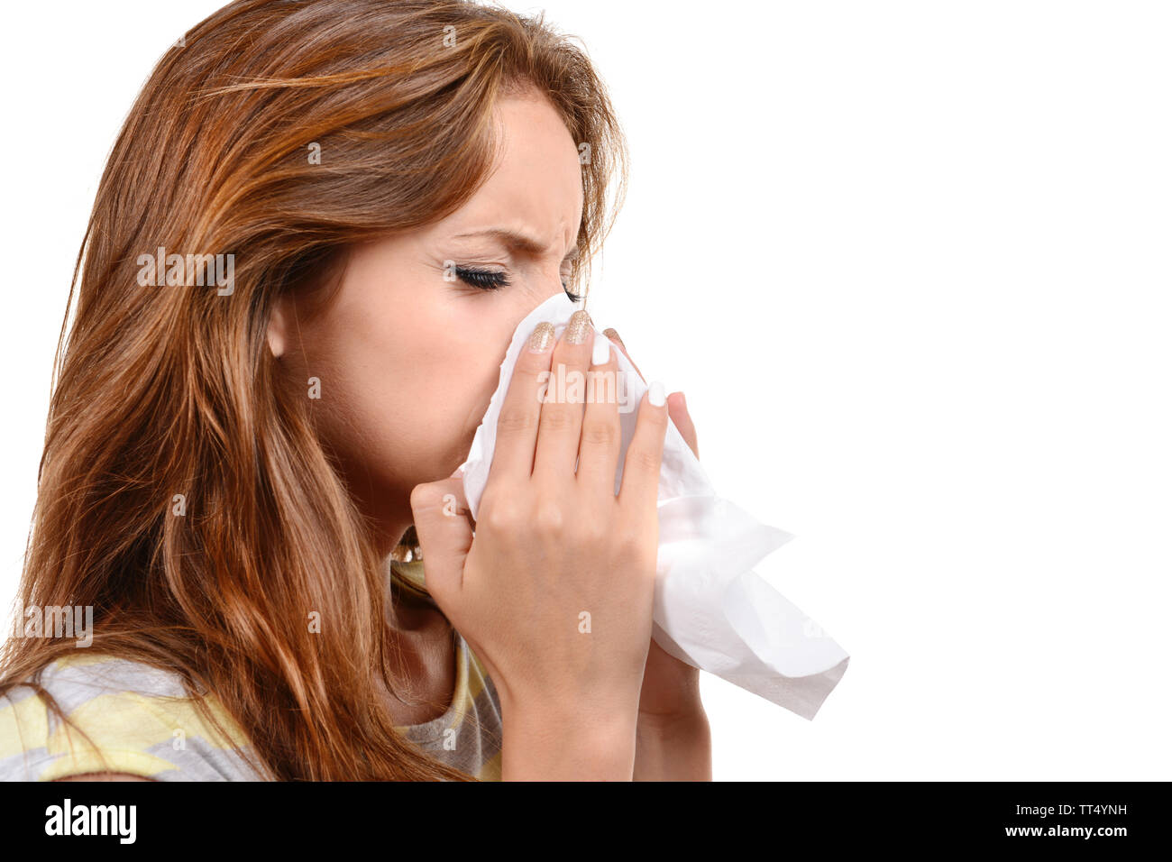 Young girl with allergy isolated on white Stock Photo - Alamy
