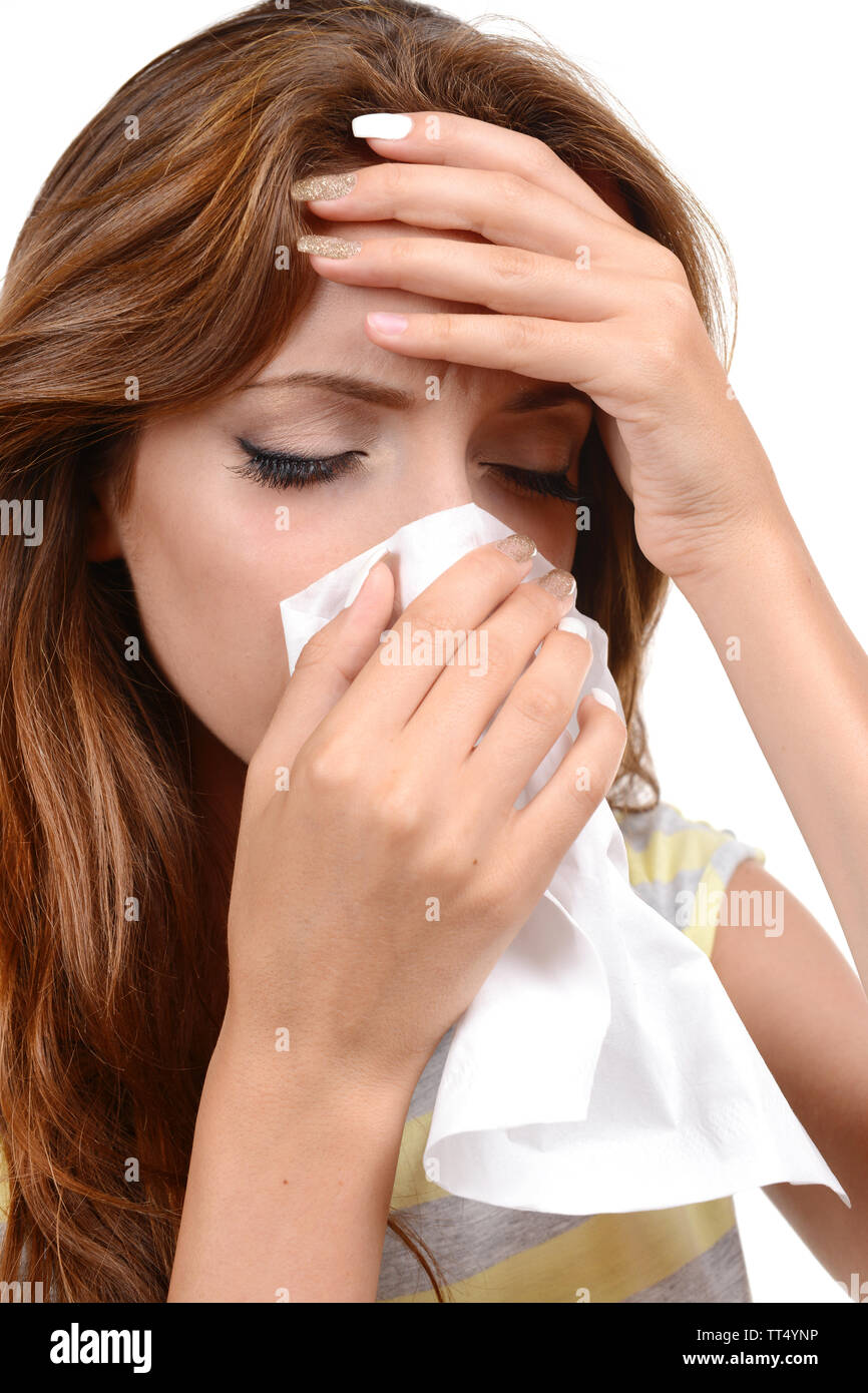 Young girl with allergy isolated on white Stock Photo - Alamy