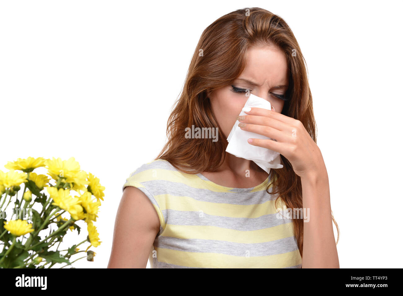 Young girl with allergy isolated on white Stock Photo - Alamy