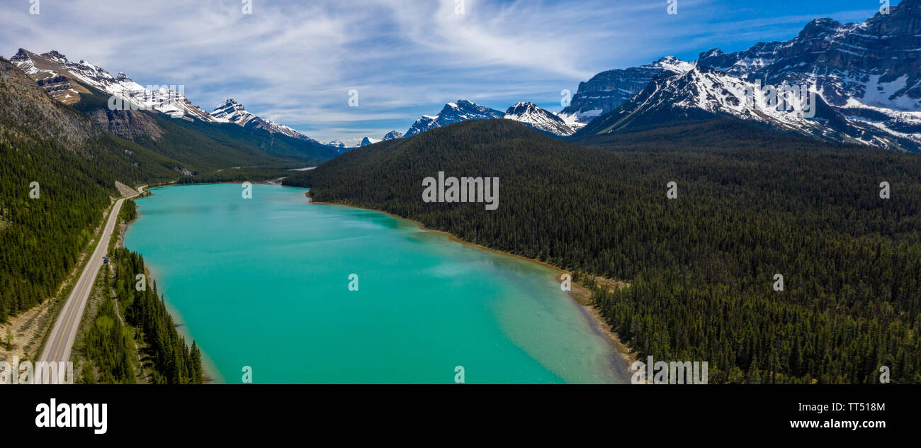 Aerial panorama view of the scenic Waterfowl Lakes on the Icefields ...