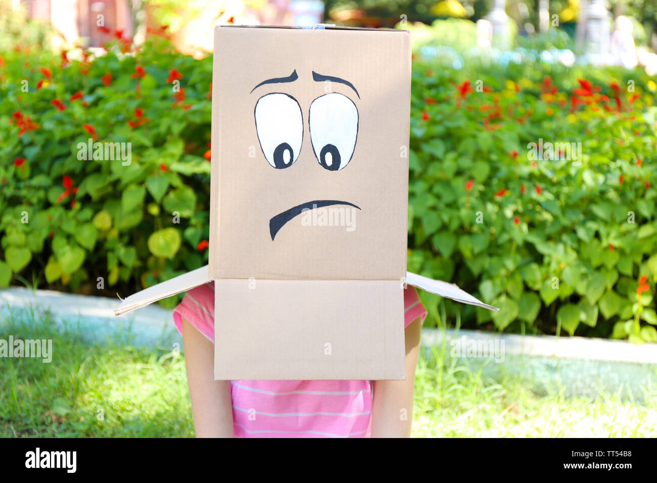 Woman with cardboard box on her head with sad face, outdoors Stock ...