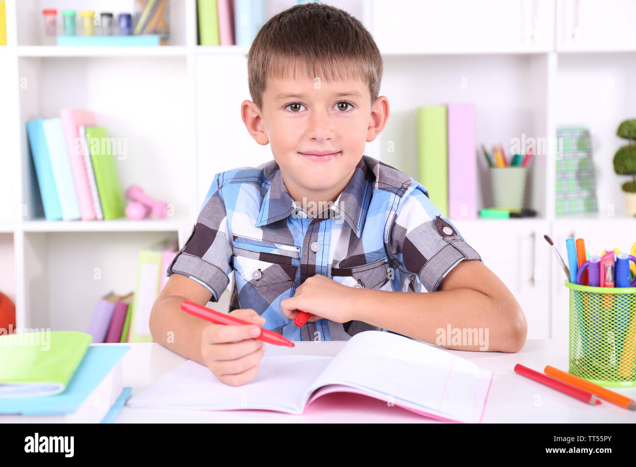 Schoolboy sitting at table in classroom Stock Photo - Alamy