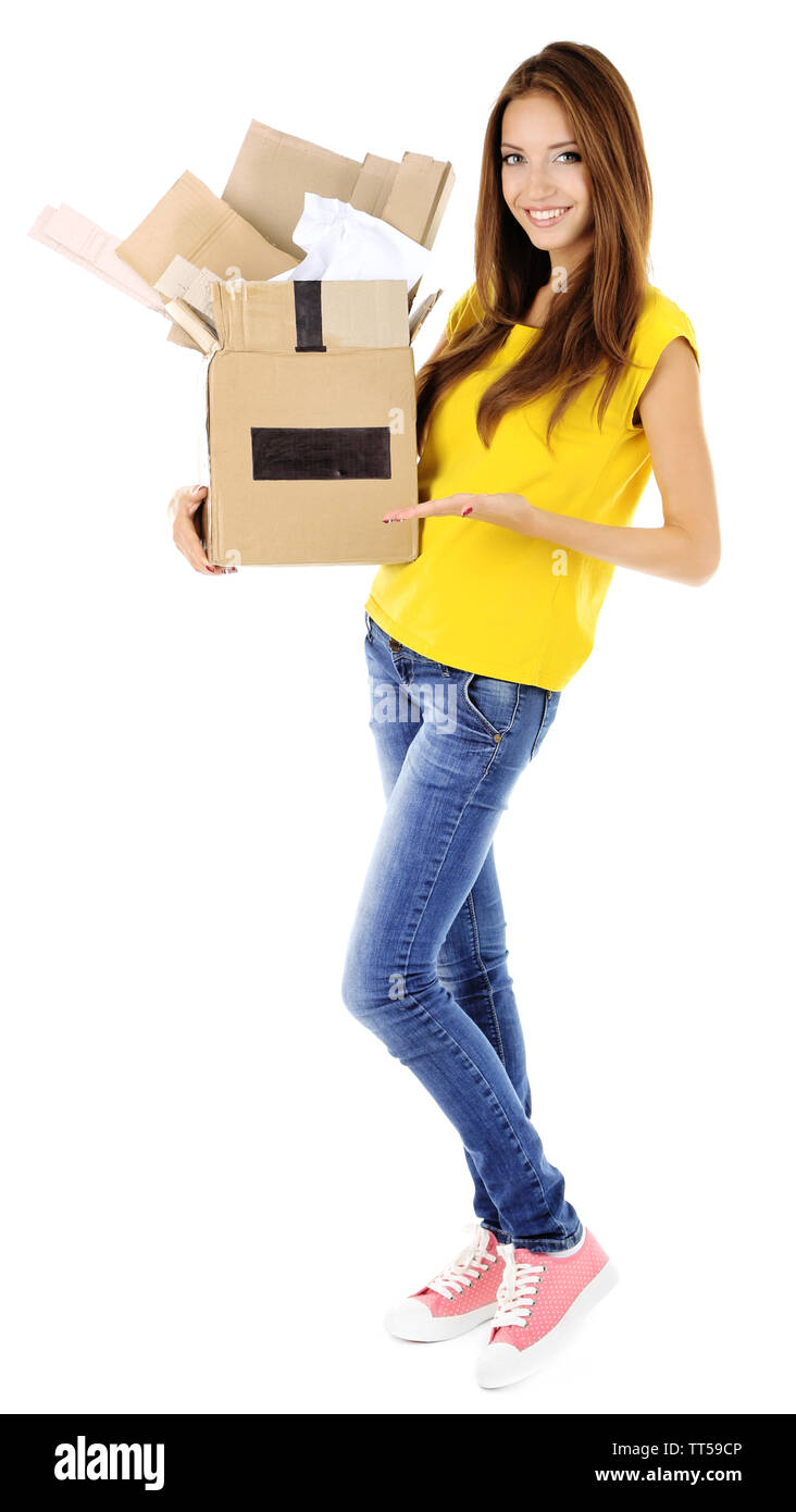 Young girl sorting paper and cardboard isolated on white Stock Photo ...