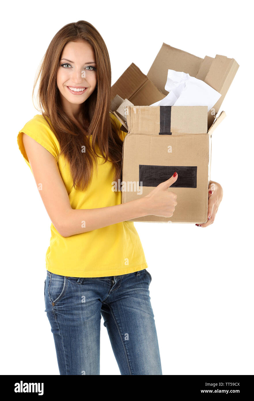 Young girl sorting paper and cardboard isolated on white Stock Photo ...
