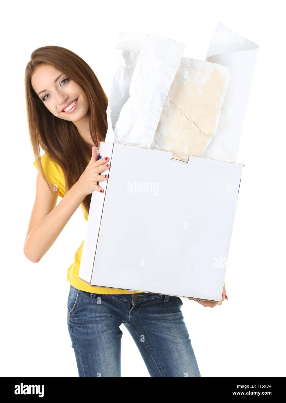 Young girl sorting paper and cardboard isolated on white Stock Photo ...