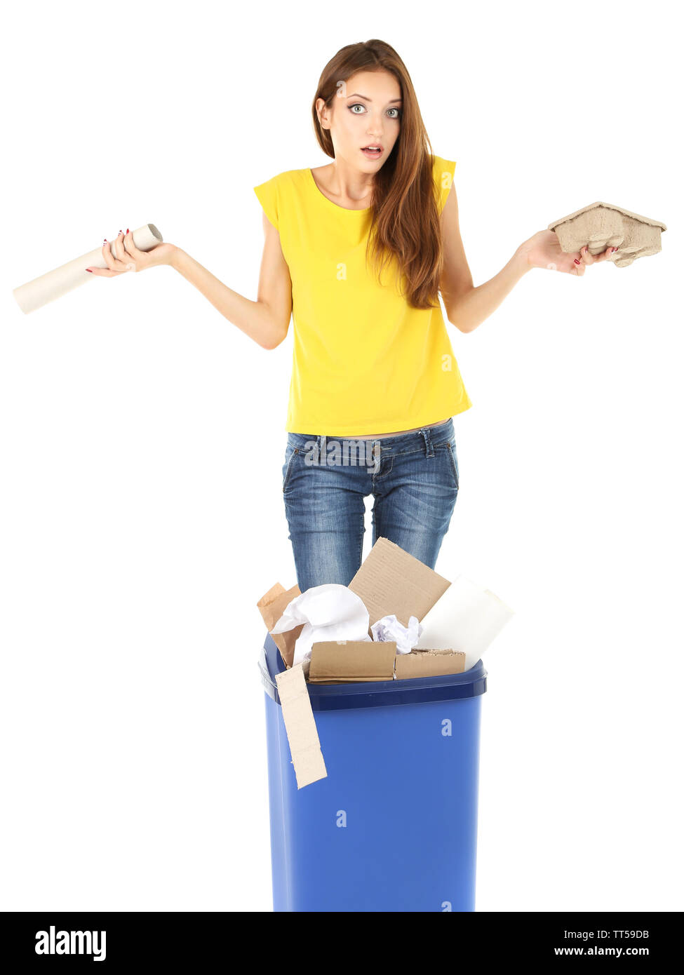 Young girl sorting paper and cardboard isolated on white Stock Photo ...