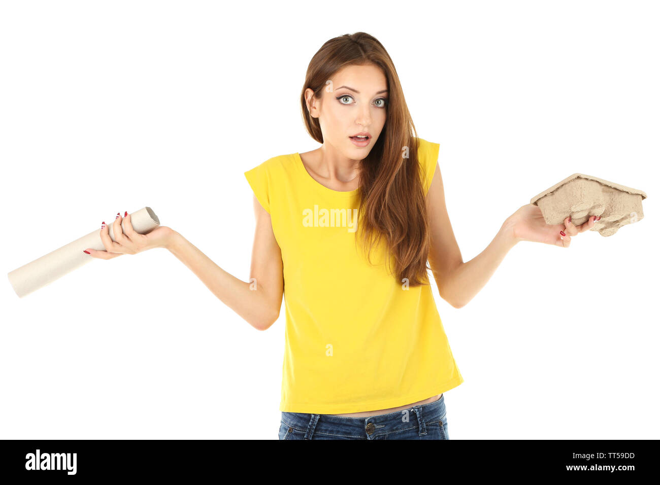 Young girl sorting paper and cardboard isolated on white Stock Photo ...