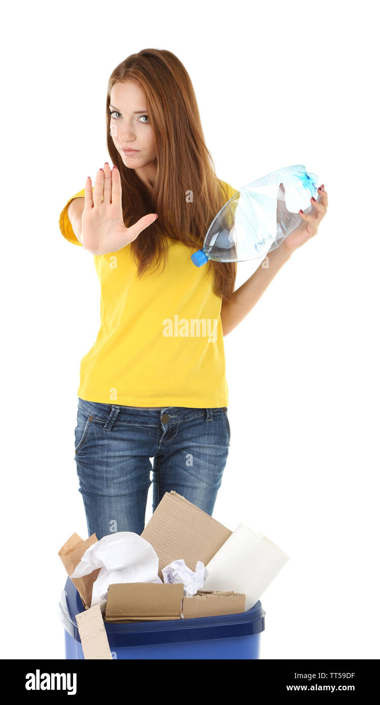 Young girl sorting paper and cardboard isolated on white Stock Photo ...