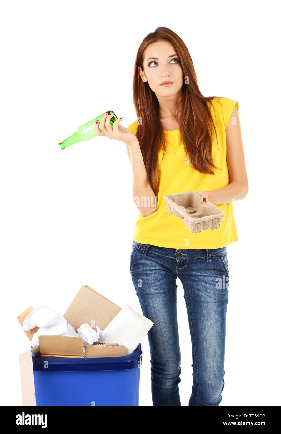 Young girl sorting paper and cardboard isolated on white Stock Photo ...