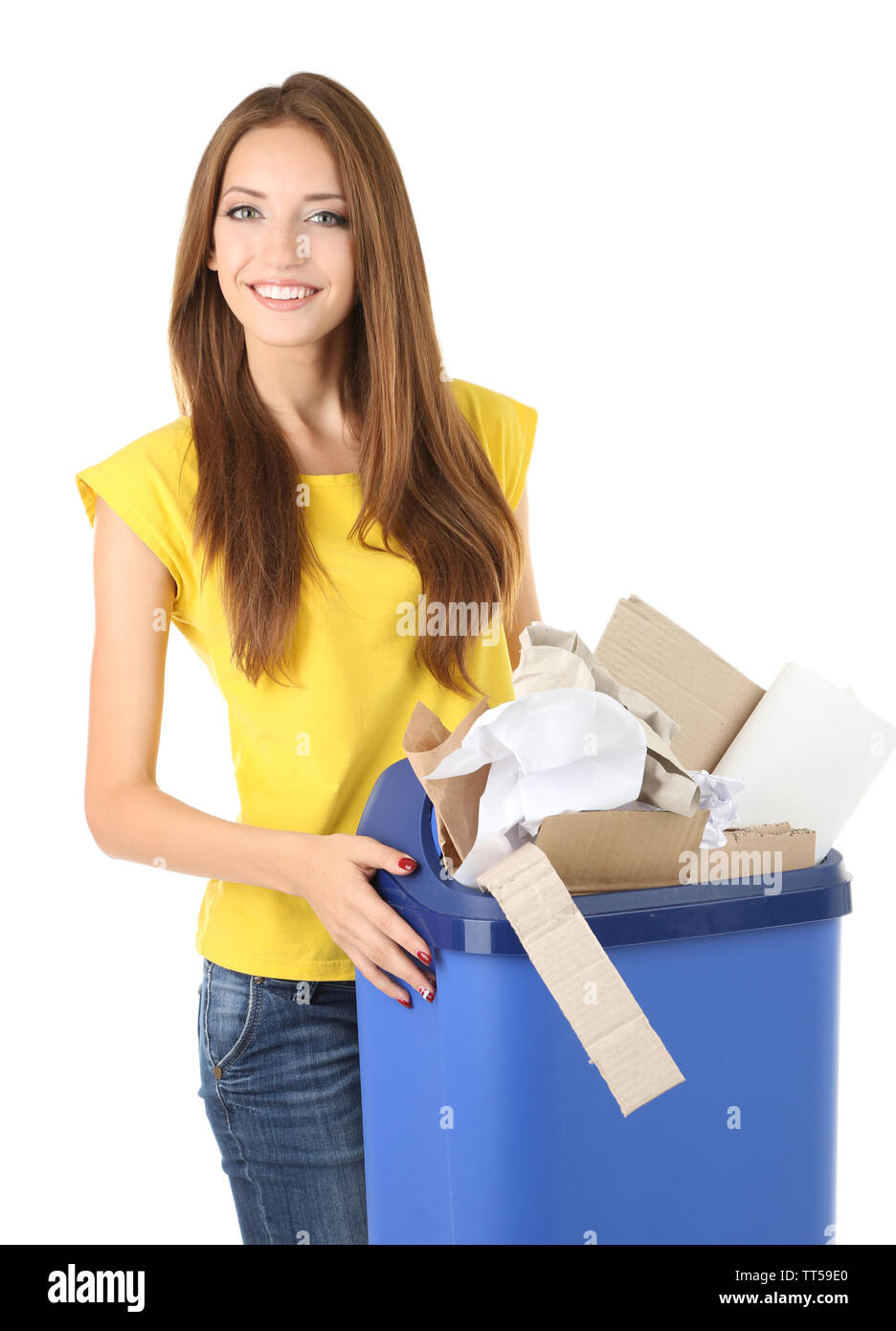 Young girl sorting paper and cardboard isolated on white Stock Photo ...