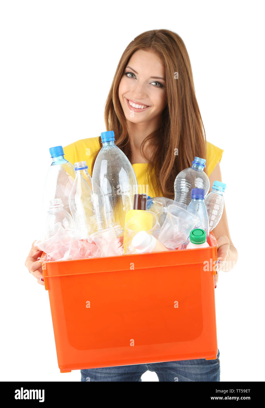 Young girl sorting plastic bottles isolated on white Stock Photo - Alamy