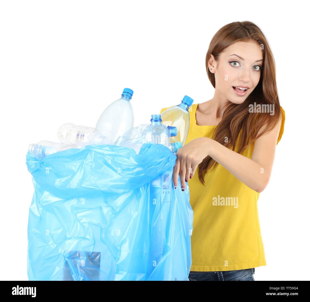Young girl sorting plastic bottles isolated on white Stock Photo - Alamy