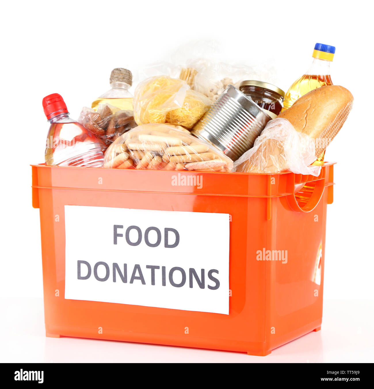 Donation box with food isolated on white Stock Photo - Alamy