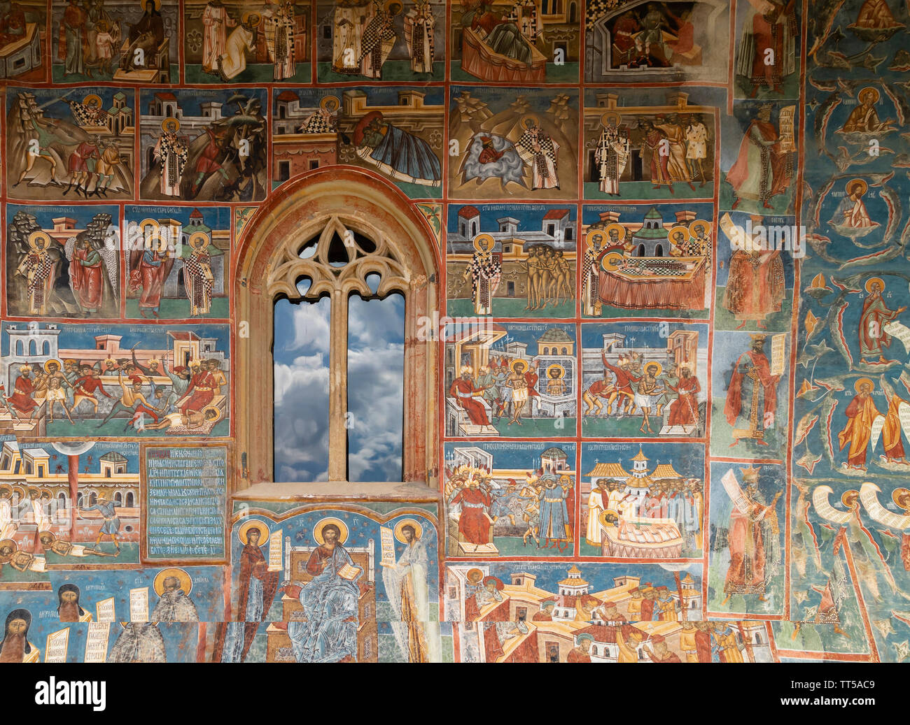 Bucovina, Romania - August 5th, 2018: A detail of the Voronet monastery ...