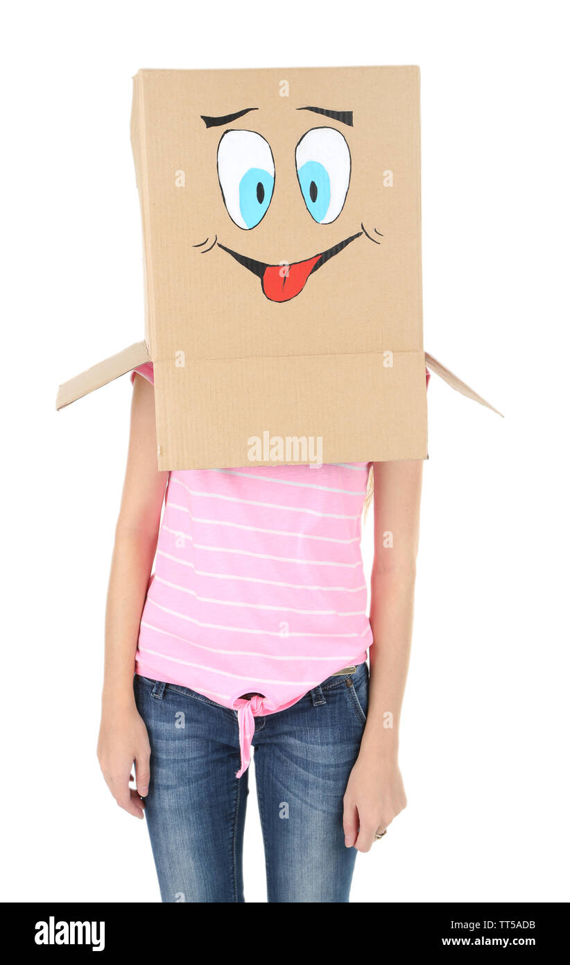 Woman with cardboard box on her head with happy face, isolated on white ...