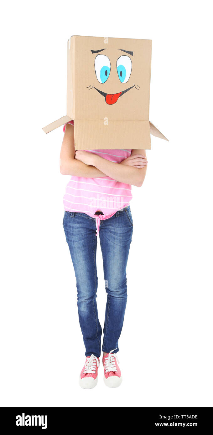 Woman with cardboard box on her head with happy face, isolated on white ...