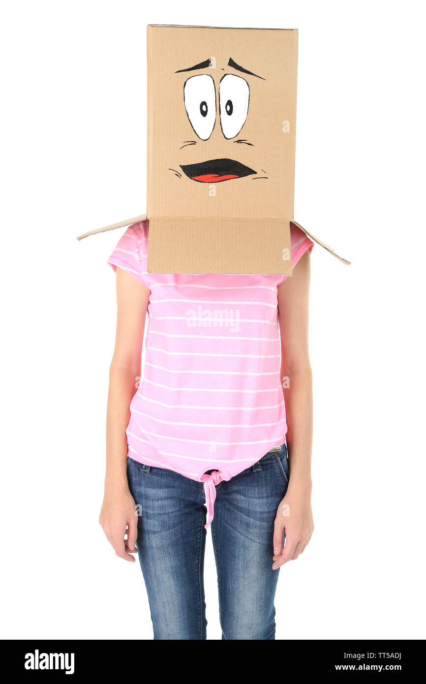 Woman with cardboard box on her head with sad face, isolated on white ...